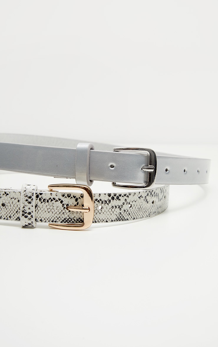 2 Pack Snake Print Metallic Silver Belts | PrettyLittleThing USA