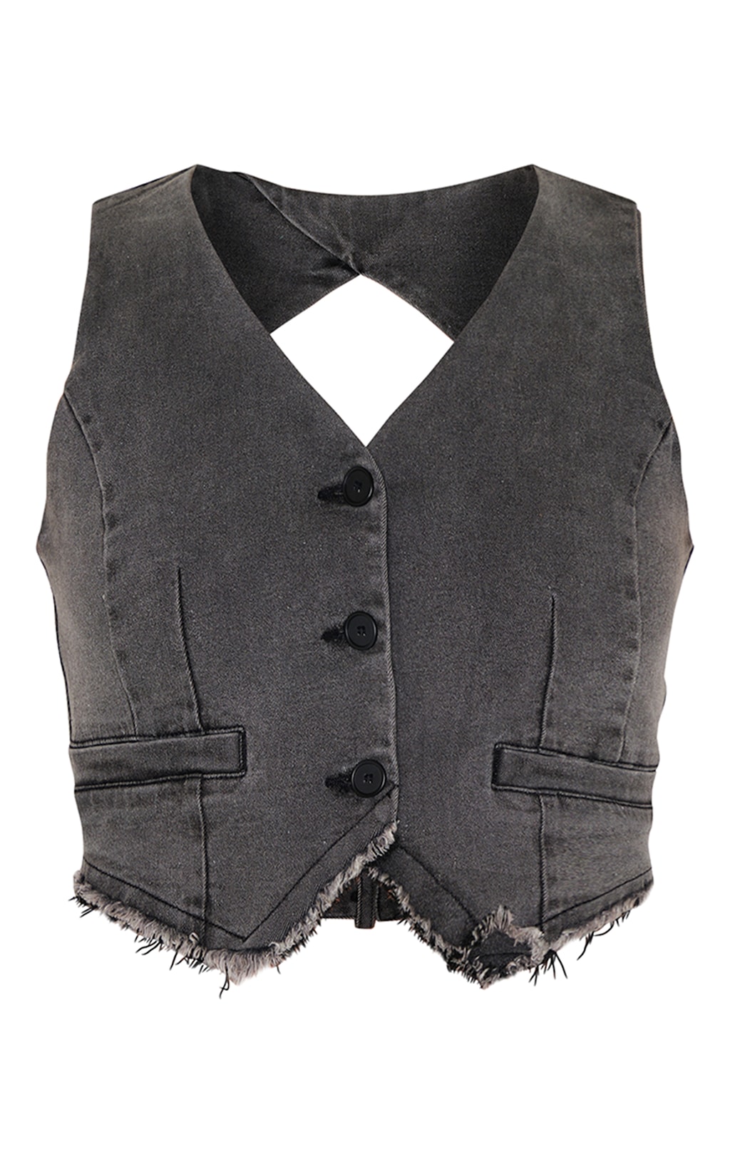 Washed Black Raw Hem Cut Out Back Denim Vest | Denim ...