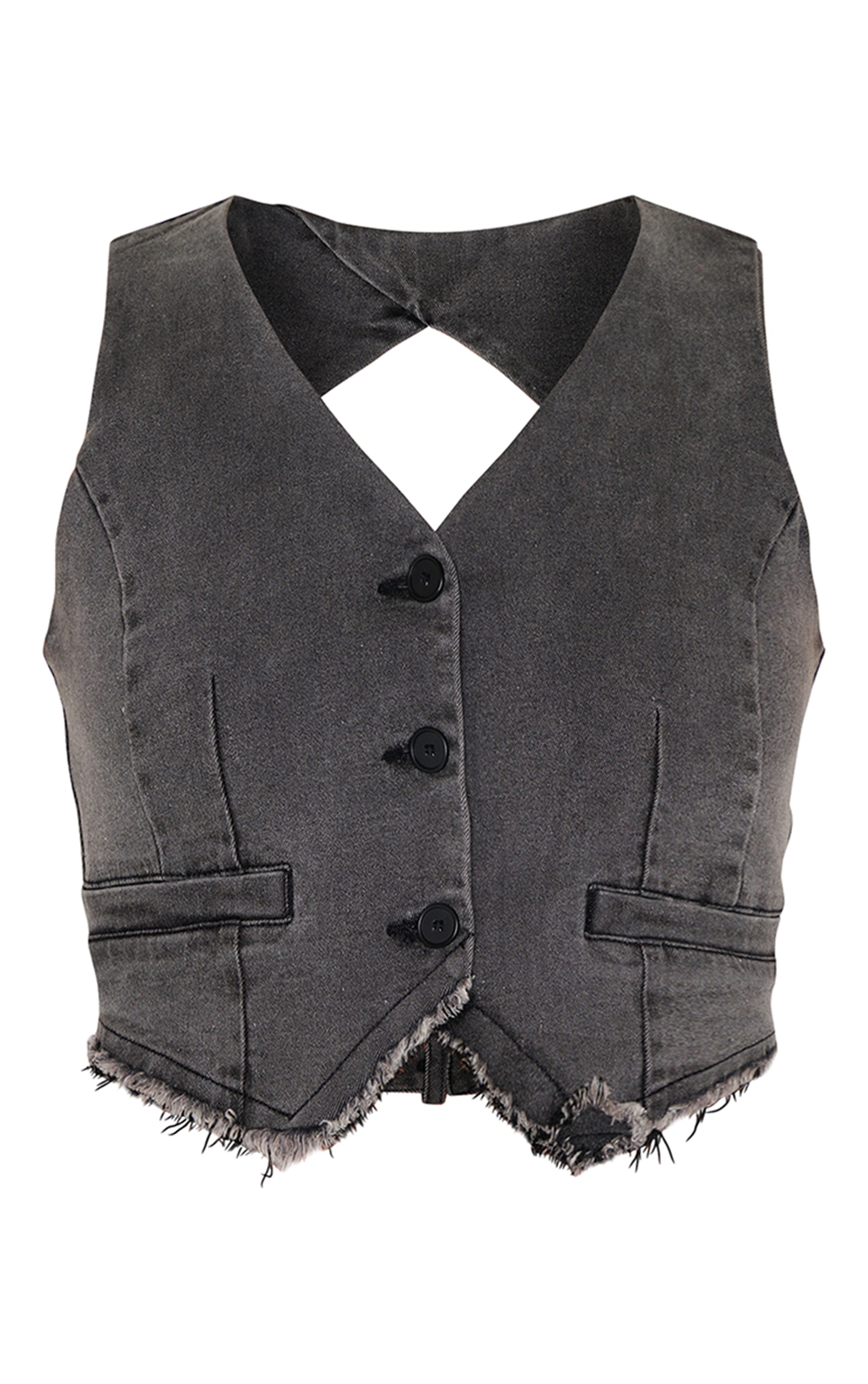 Washed Black Raw Hem Cut Out Back Denim Vest | Denim | PLT USA