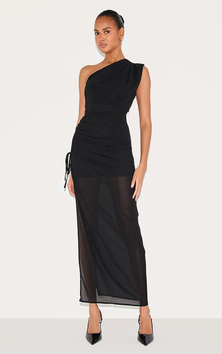 Black Chiffon One Shoulder Ruched Maxi Dress | Dresses | PLT