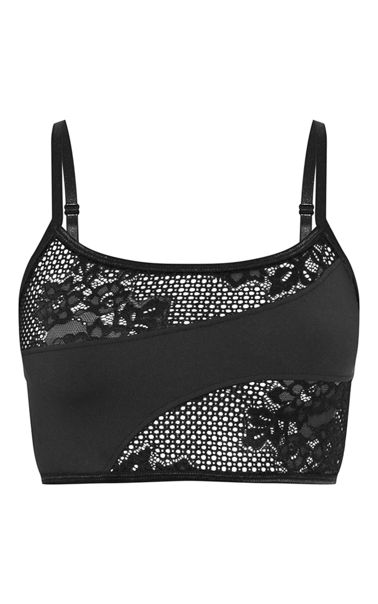 Black Lace Panel Detail Longline Bra | Lingerie & Nightwear | PLT