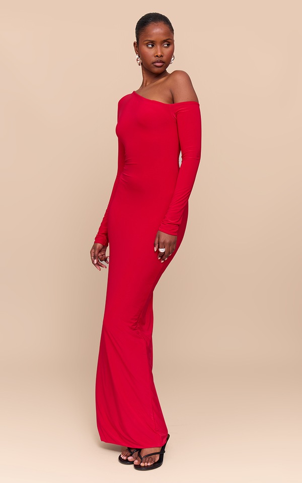 Red Double Slinky Asymmetric Neckline Maxi Dress | Dresses ...