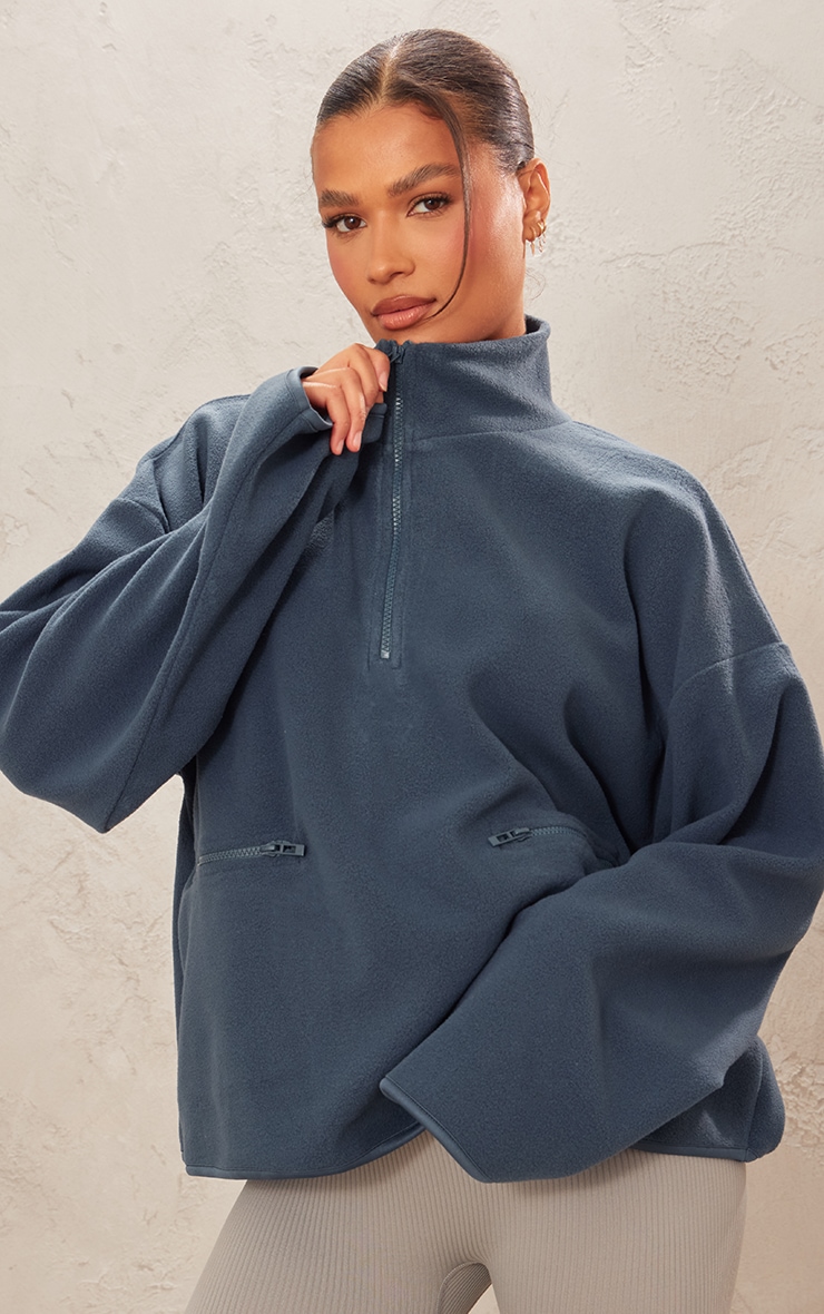 Slate Blue Fleece Quarter Zip Pocket Sweatshirt | Athleisure | PLT USA