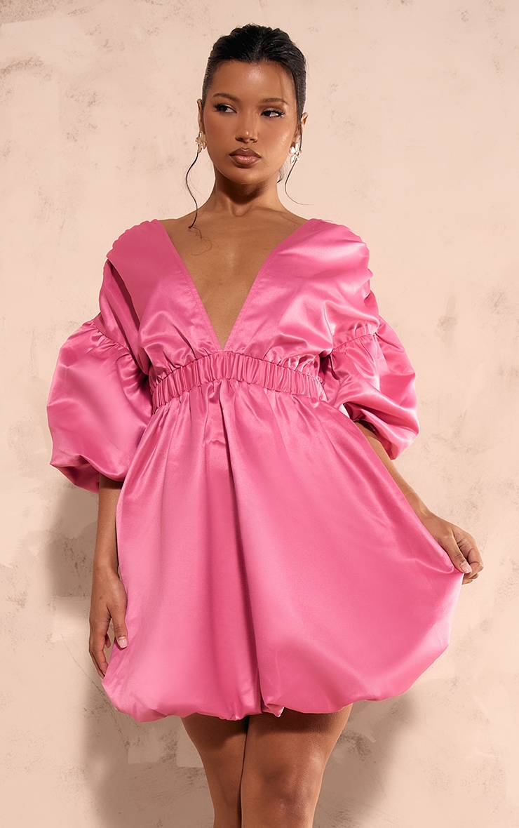 Bright Pink Puff Sleeve Puffball Hem Shift Dress | Dresses | PLT USA