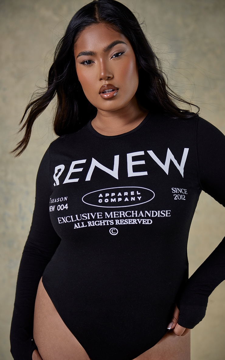 Renew Plus Black High Leg Logo Printed Bodysuit | PrettyLittleThing AUS