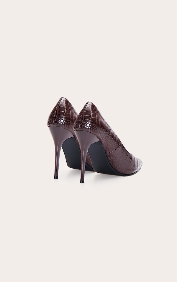 Chocolate Croc Pointed Toe Court Shoe | Footwear | PLT