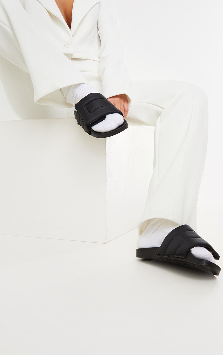 Black Nylon Padded Velcro Silders | Footwear | PrettyLittleThing CA