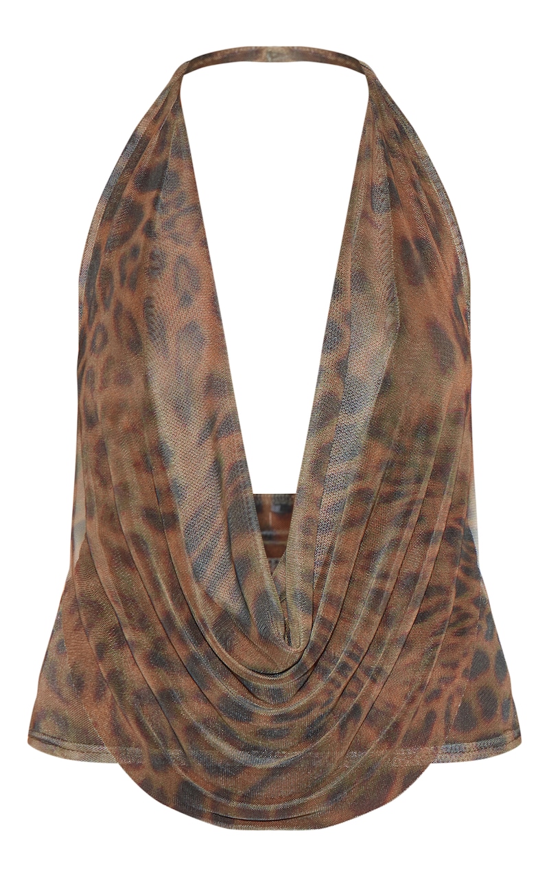 Brown Mesh Printed Halter Neck Top | Tops | PLT