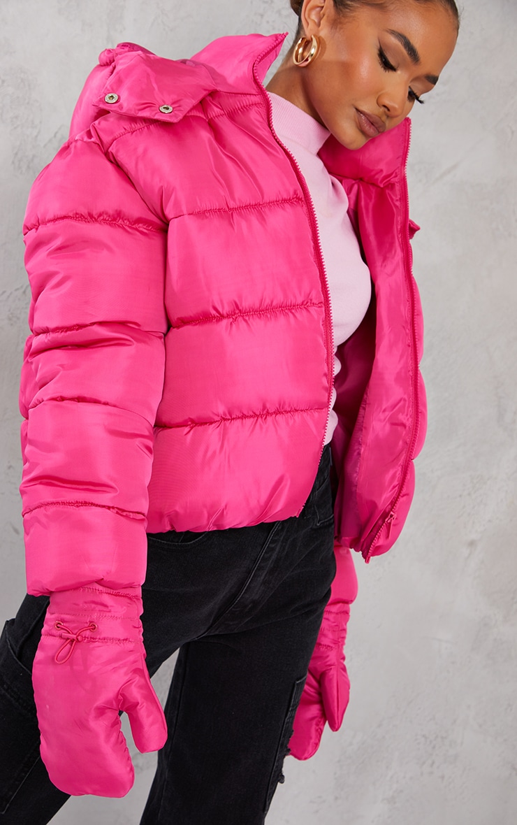 Petite Hot Pink Oversized Attached Mitten Puffer | Petite | PLT