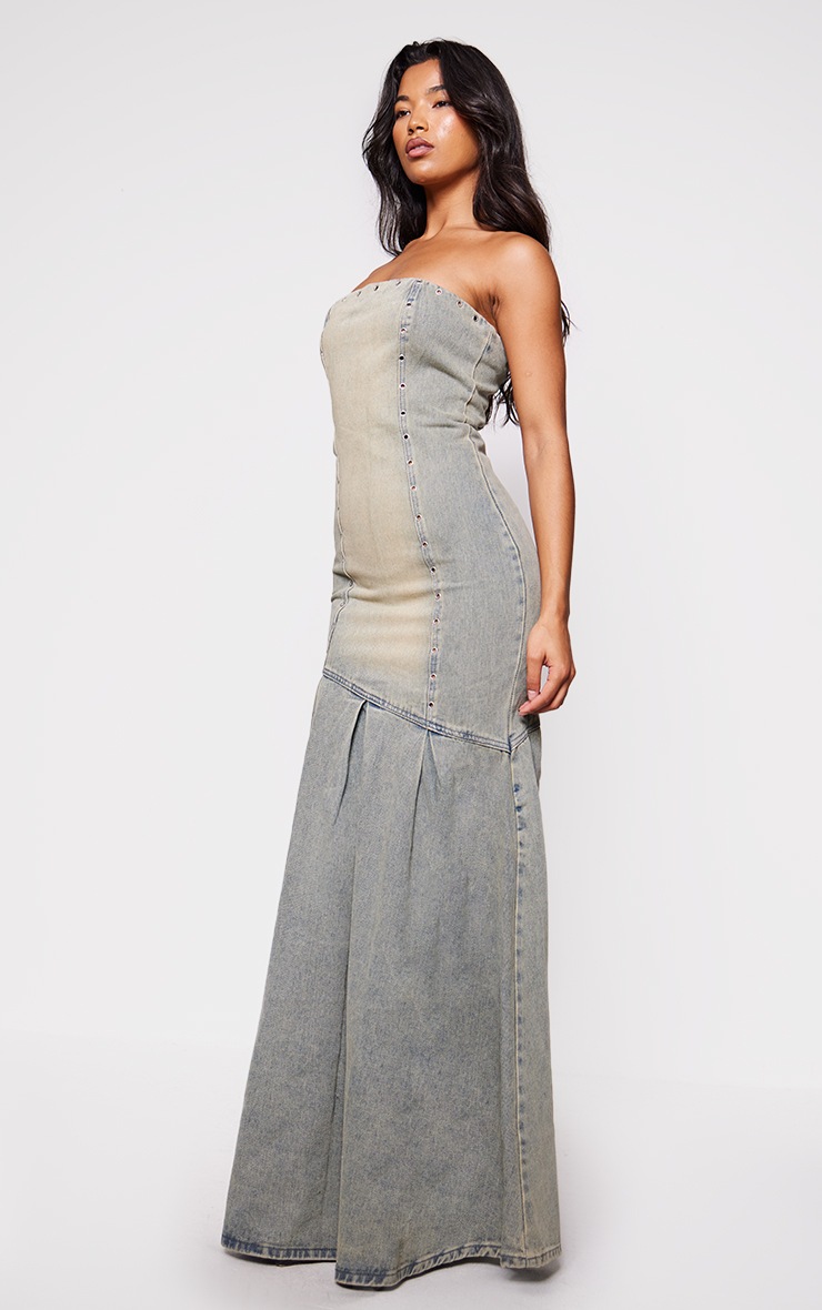 Vintage Wash Green Tint Studded Frill Hem Denim Dress | Denim ...