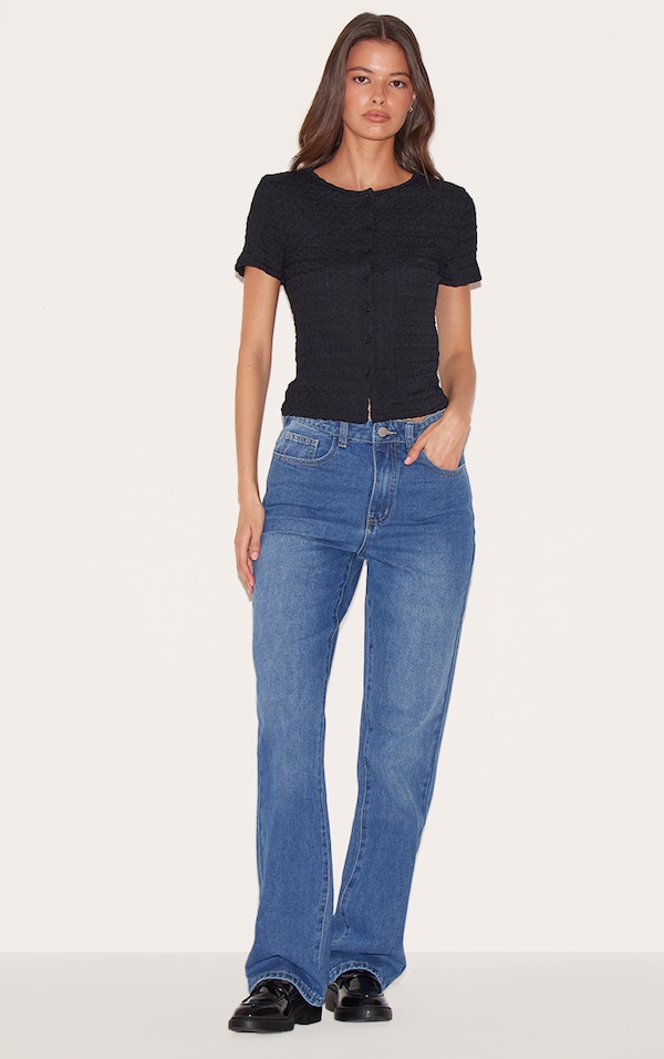 Black Textured Button Up Fitted Top | Tops | PrettyLittleThing USA