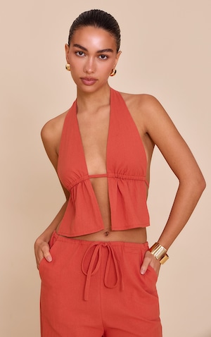 Rust Cotton Halterneck Backless Plunge Top | Co-ords | PLT