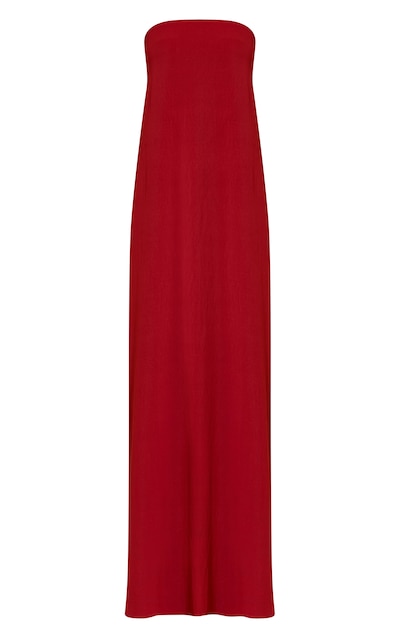 Deep Red Floaty Woven Bandeau Maxi Dress | Dresses | PLT USA