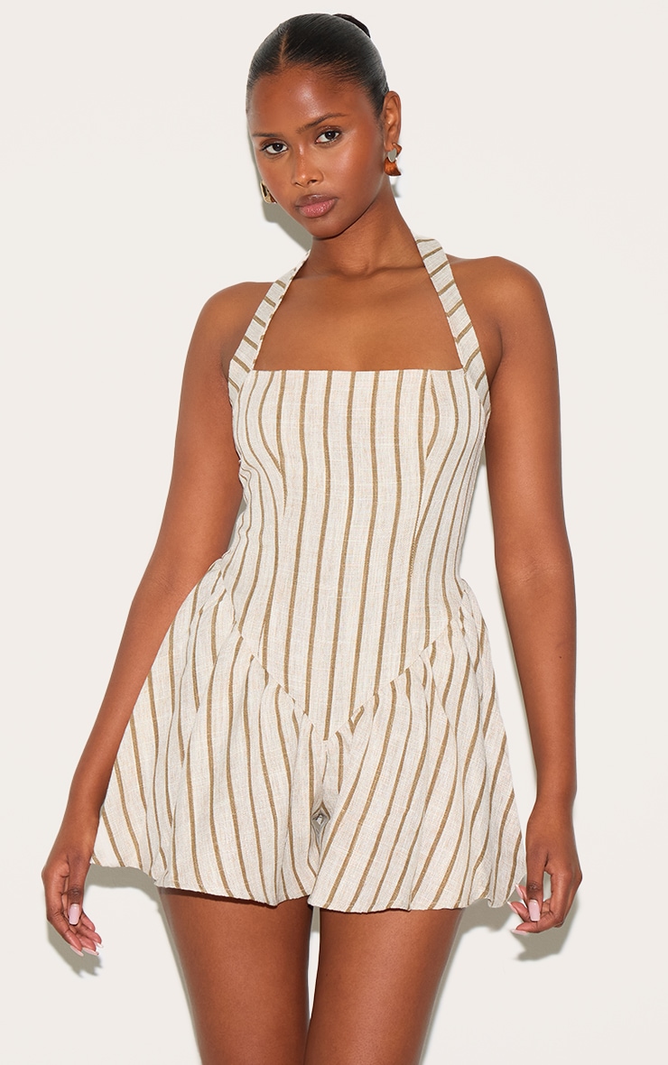 Stone Pinstripe Linen Halter Neck Floaty Playsuit | Jumpsuits ...