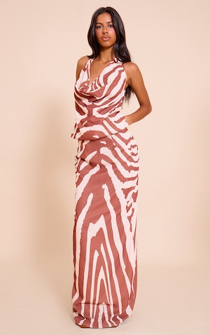 Petite Deep Tan Zebra Abstract Chiffon Maxi Dress | Petite | PLT USA