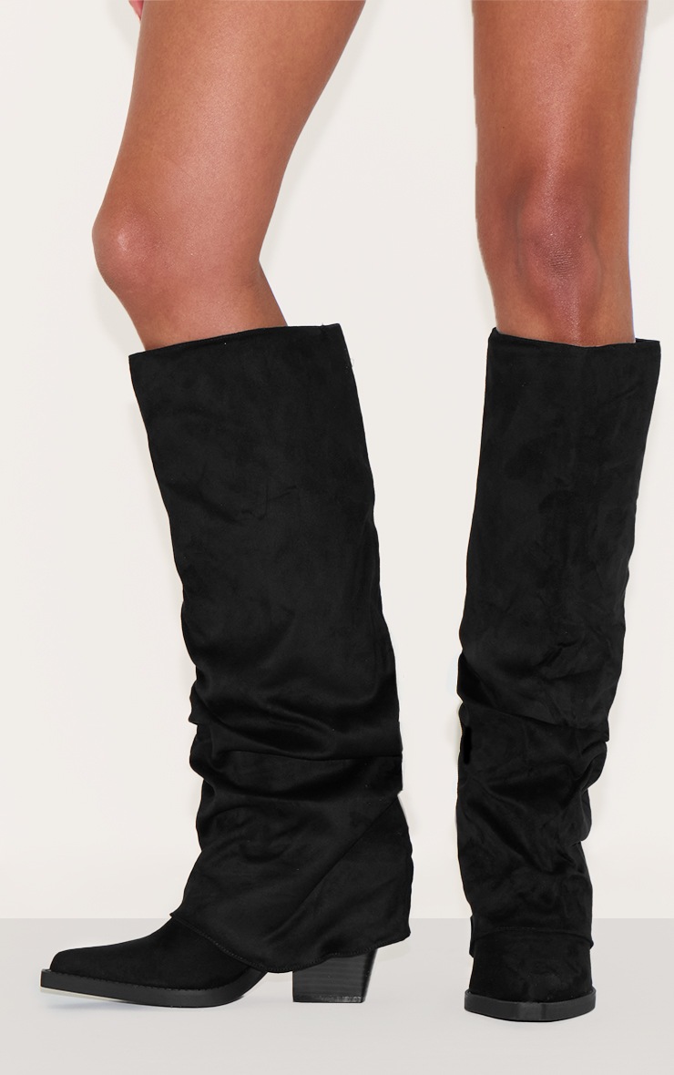 Black Fold Over Block Heel Knee High Boots | Footwear | PLT