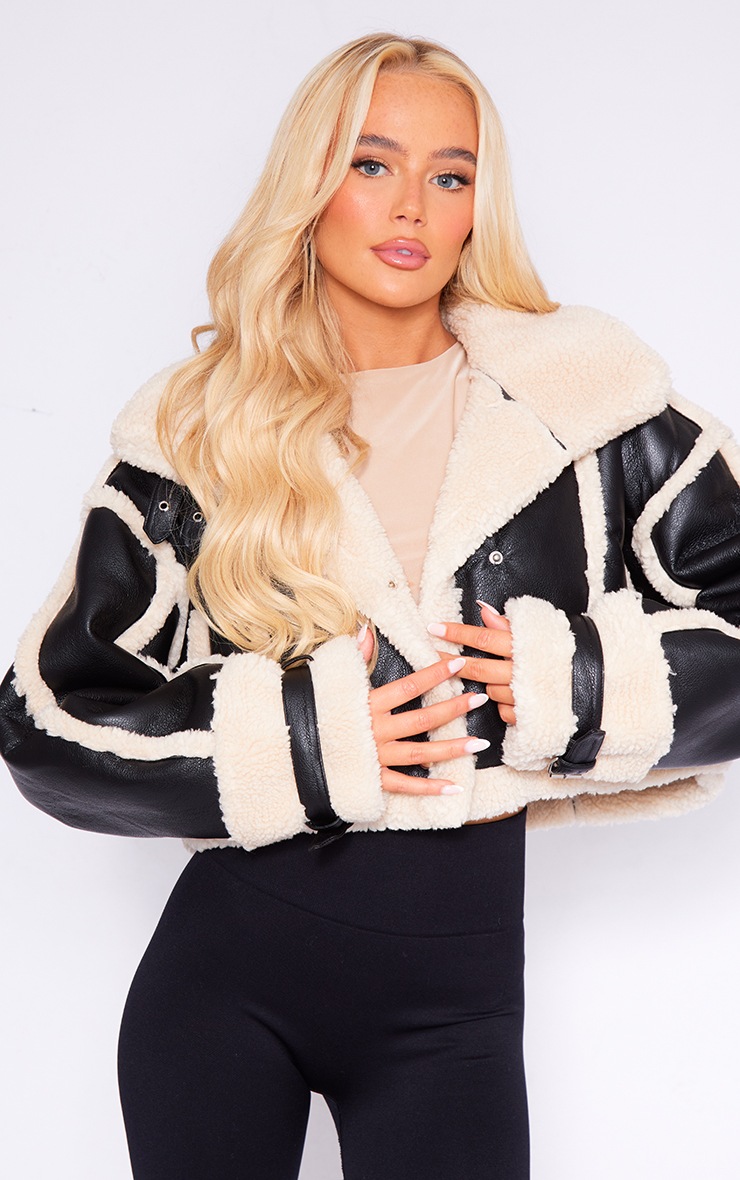 Black Borg Panelled Cropped PU Aviator Jacket | Outerwear | PLT