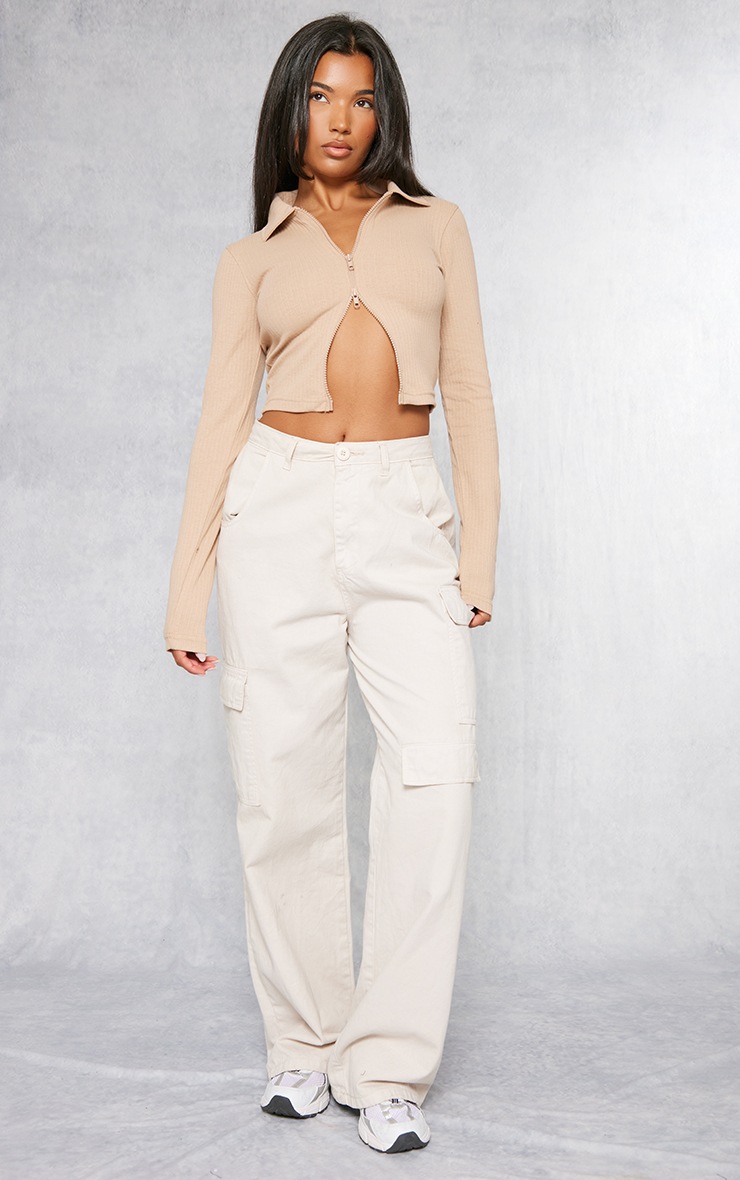 Sand Jumbo Rib Collar Double Zip Top | Tops | PrettyLittleThing USA