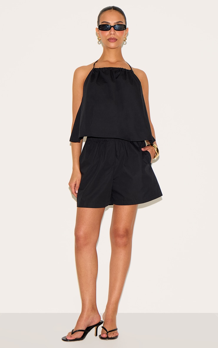 Petite Black Poplin Low Back Halterneck Top | Petite | PLT