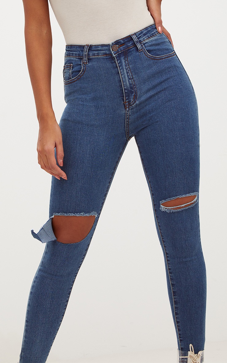 Dark Wash Open Knee Rip Skinny Jeans | Denim | PrettyLittleThing USA