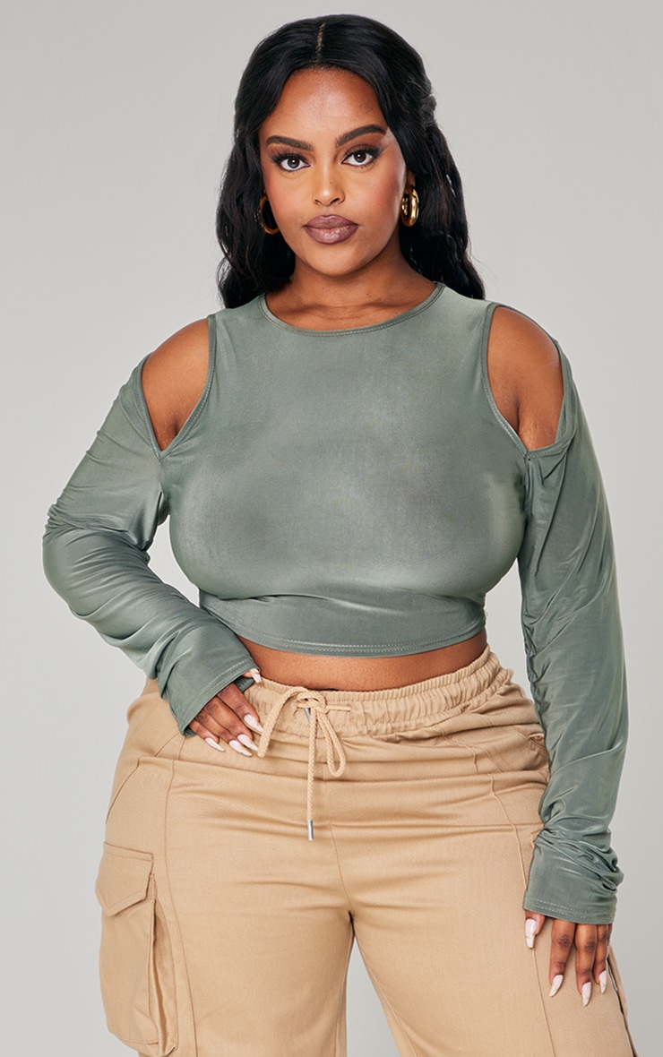Plus Khaki Slinky Cold Shoulder Top | Plus Size | PLT