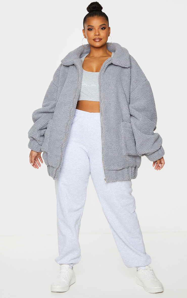 Plus Grey Oversized Borg Pocket Front Coat | PrettyLittleThing USA