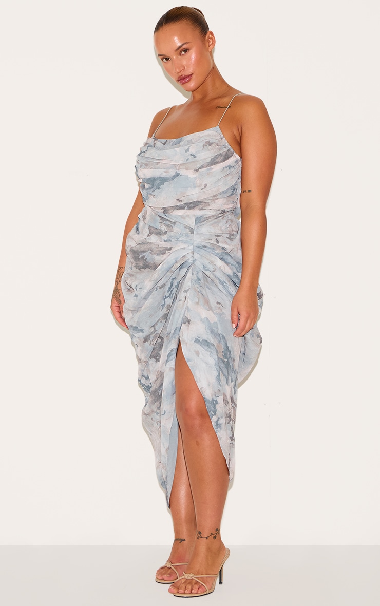 Plus Grey Abstract Chiffon Ruched Drape Midi Dress | Plus Size | PLT