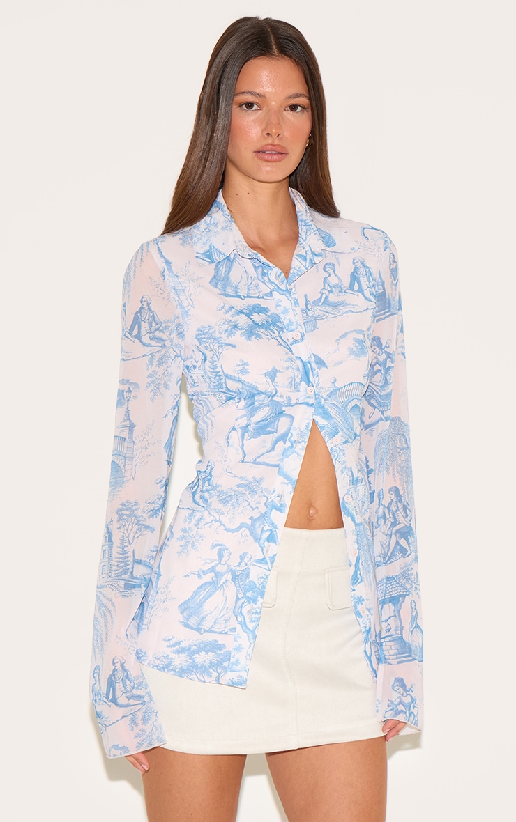 Light Blue Printed Fitted Chiffon Shirt | Tops | PrettyLittleThing AUS