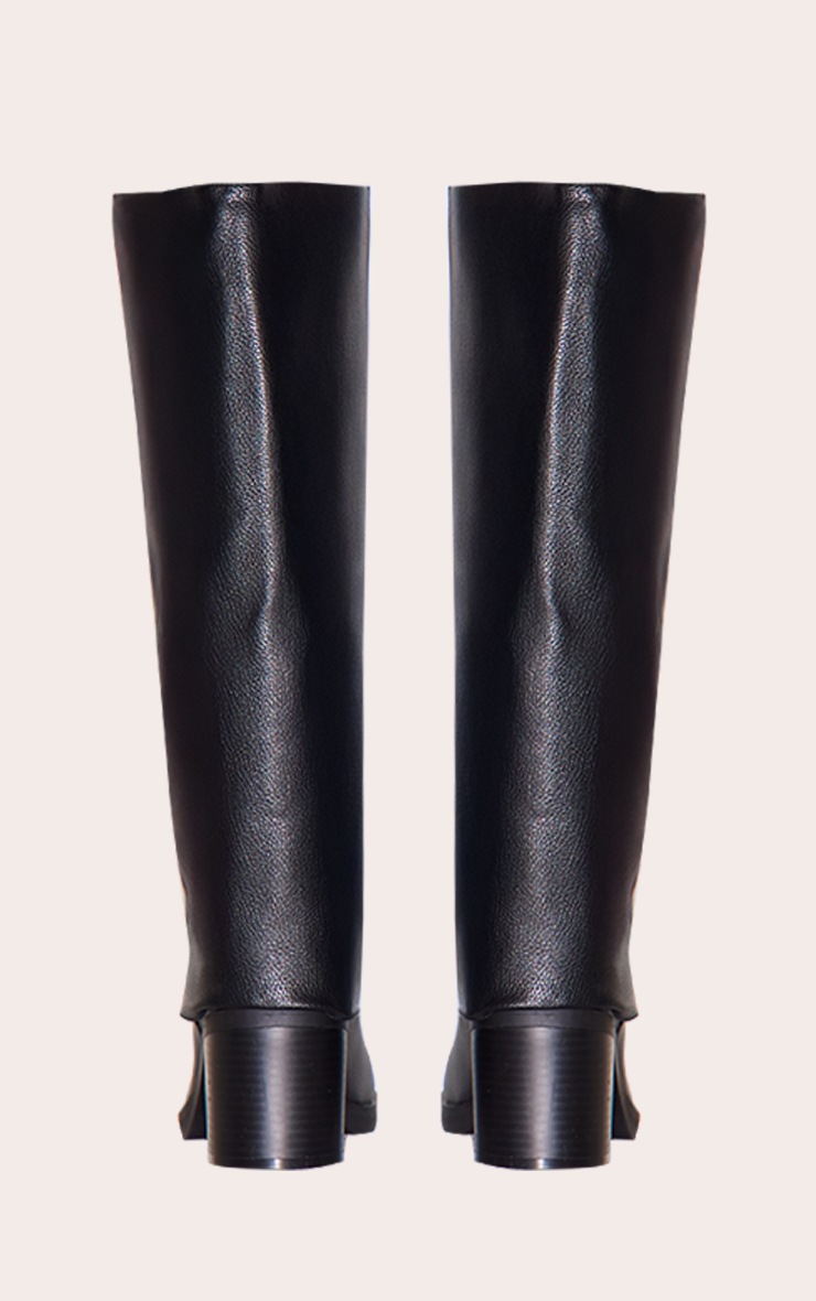 Black Pu Round Toe Fold Over Low Block Heel Boots | Footwear | PLT