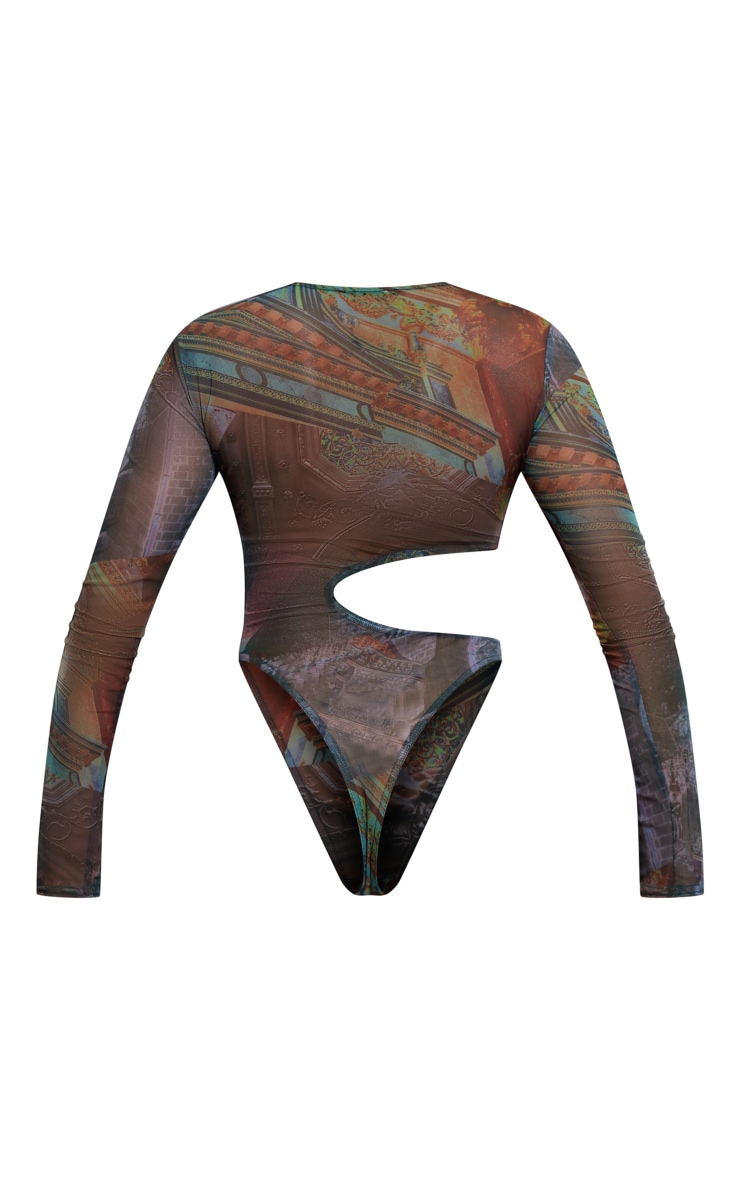 Black Abstract Print Mesh Cut Out Bodysuit Prettylittlething Usa