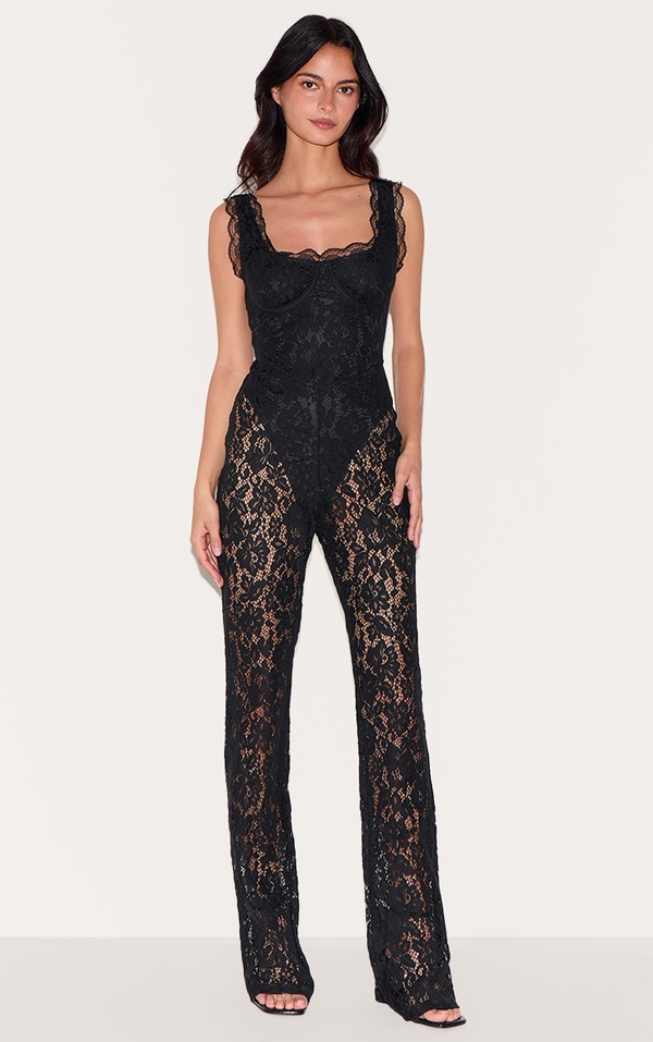 Black Lace Boning Detail Strappy Flared Jumpsuit | Jumpsuits & Rompers ...