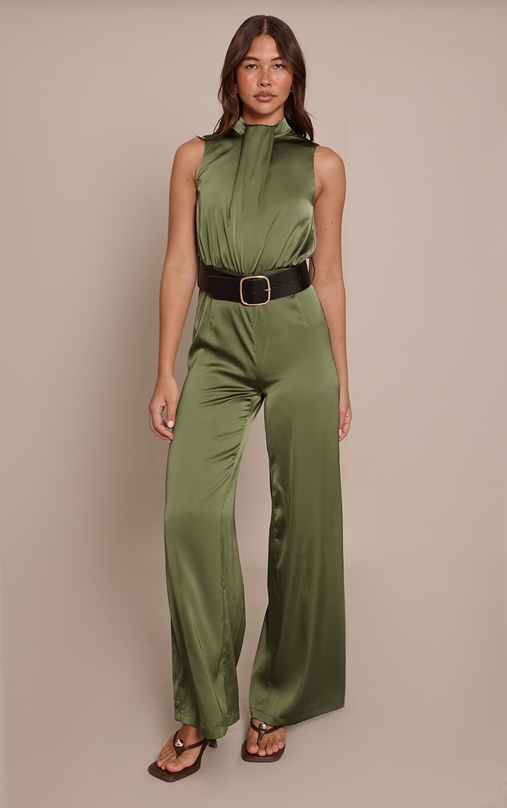 Khaki Satin High Neck Belt Wide Leg Jumpsuit | Dresses ...