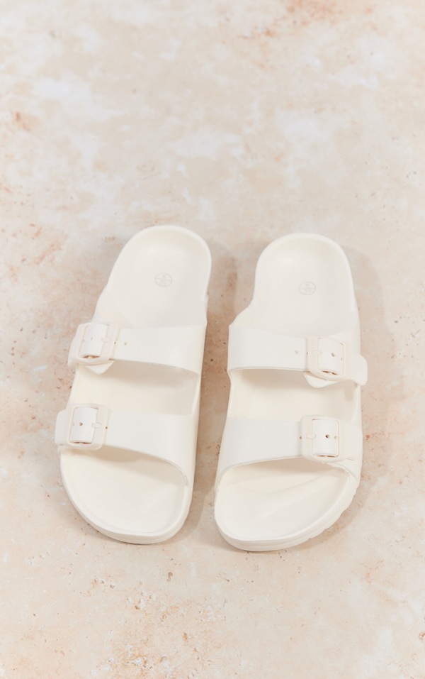 White Wide Fit Rubber Buckle Footbed Sliders | Footwear ...