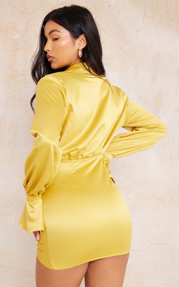 Chartreuse Flare Cuff Skirt Satin Bodycon Dress | Dresses | PLT