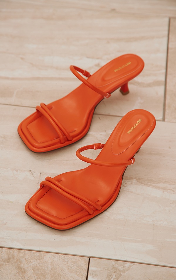 Orange Pu Square Toe Double Strap Low Heeled Mules | PrettyLittleThing USA