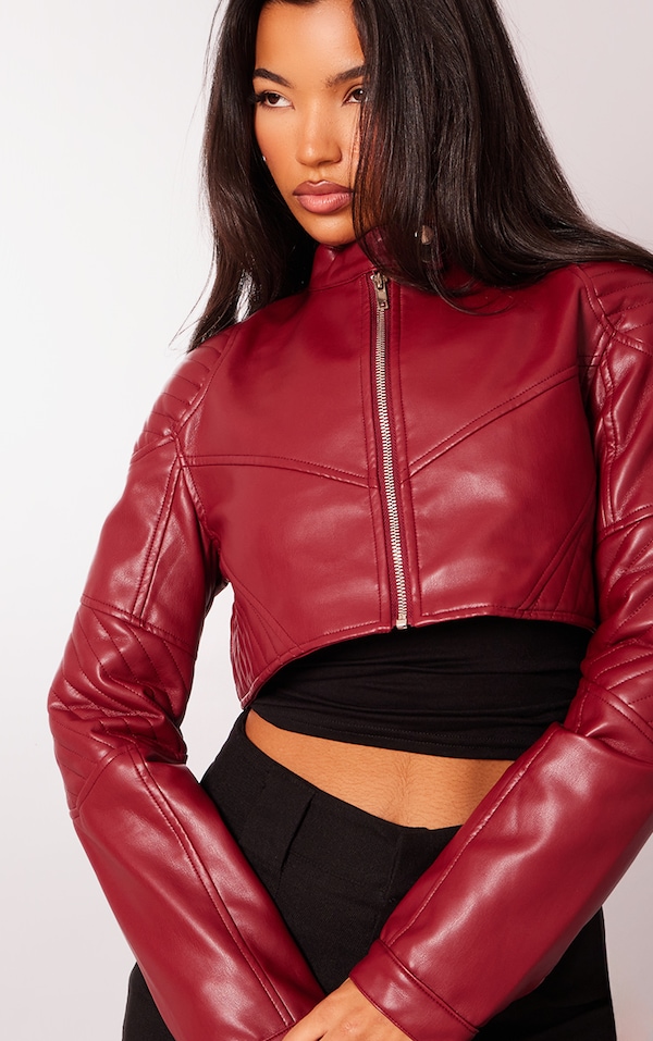 Cherry Red Quilted Super Cropped PU Jacket | Outerwear | PLT