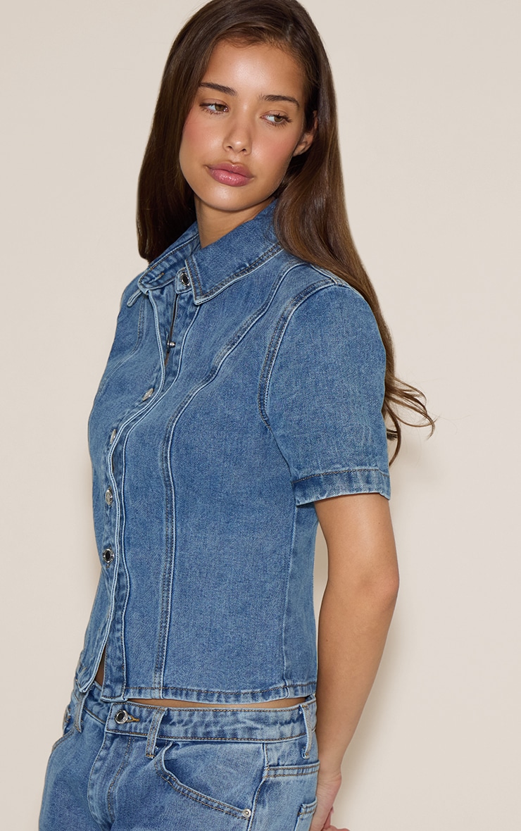 Mid Blue Wash Short Sleeve Fitted Denim Shirt | Denim | PLT