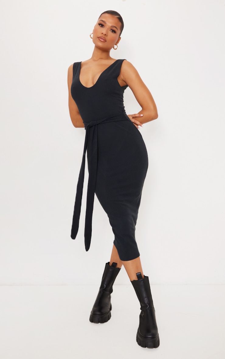 Black Rib Neck Tie Waist Midaxi Dress | PrettyLittleThing