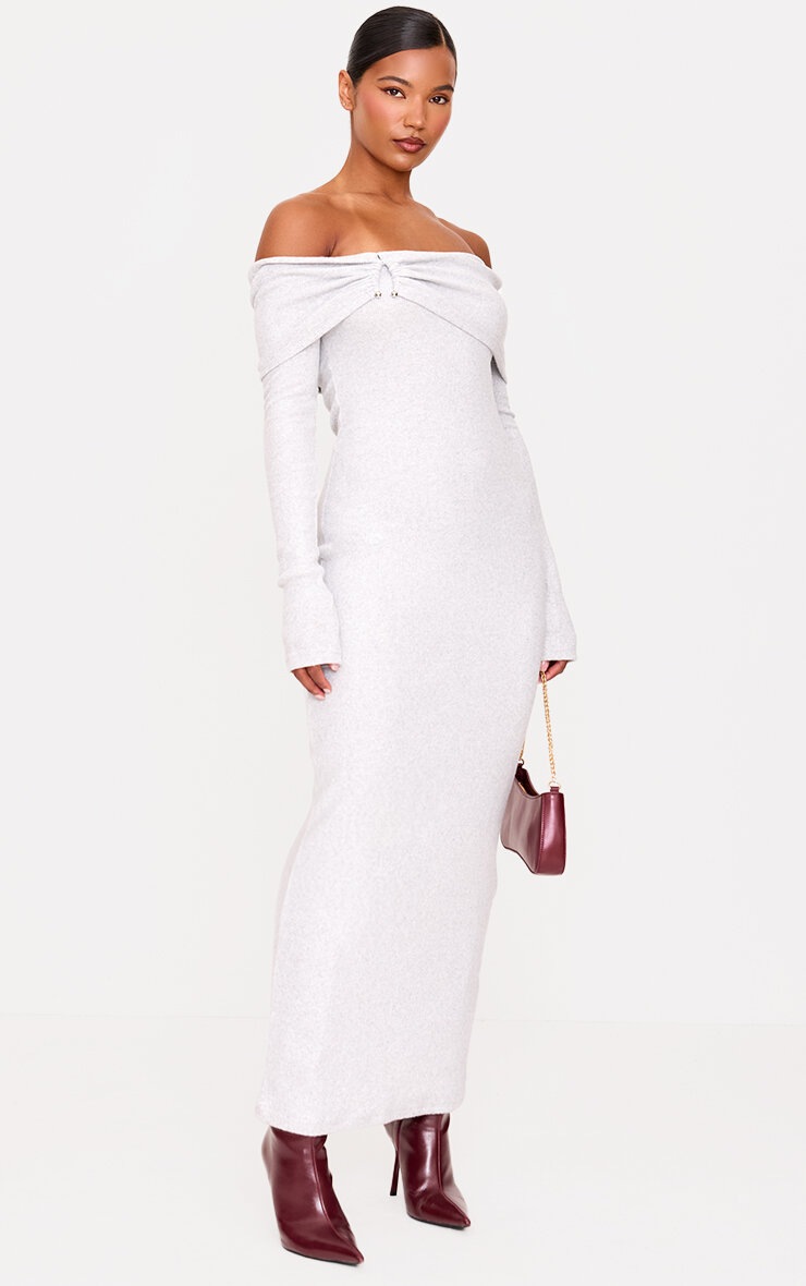 Ash Grey Heavy Brushed Rib Bardot Trim Maxi Dress | Dresses | PrettyLittleThing USA