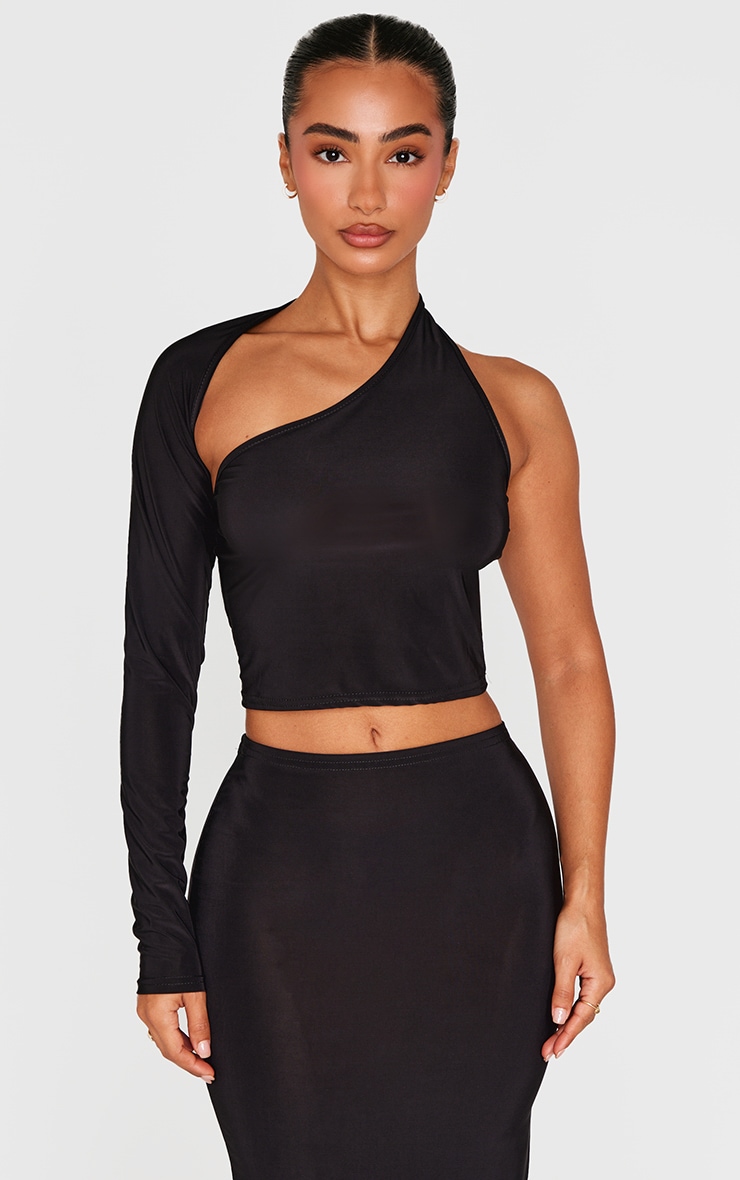 Petite Black Slinky One Shoulder Crop Top | Petite | PLT AUS