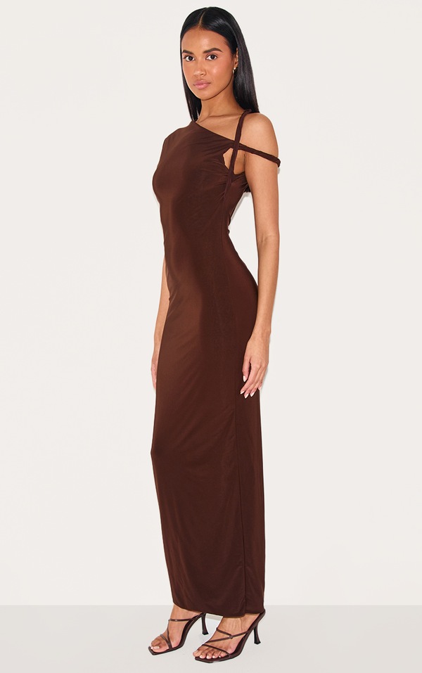 Chocolate Slinky Twist Shoulder Midaxi Dress | Dresses | PrettyLittleThing AUS