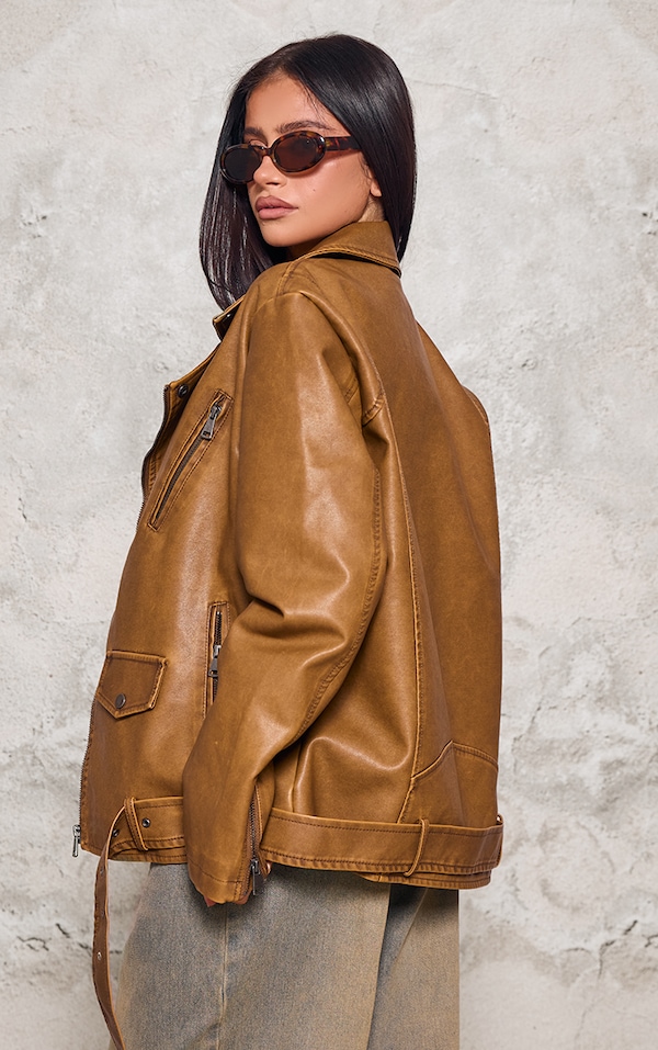 Petite Washed Brown PU Longline Biker Jacket | Petite | PLT
