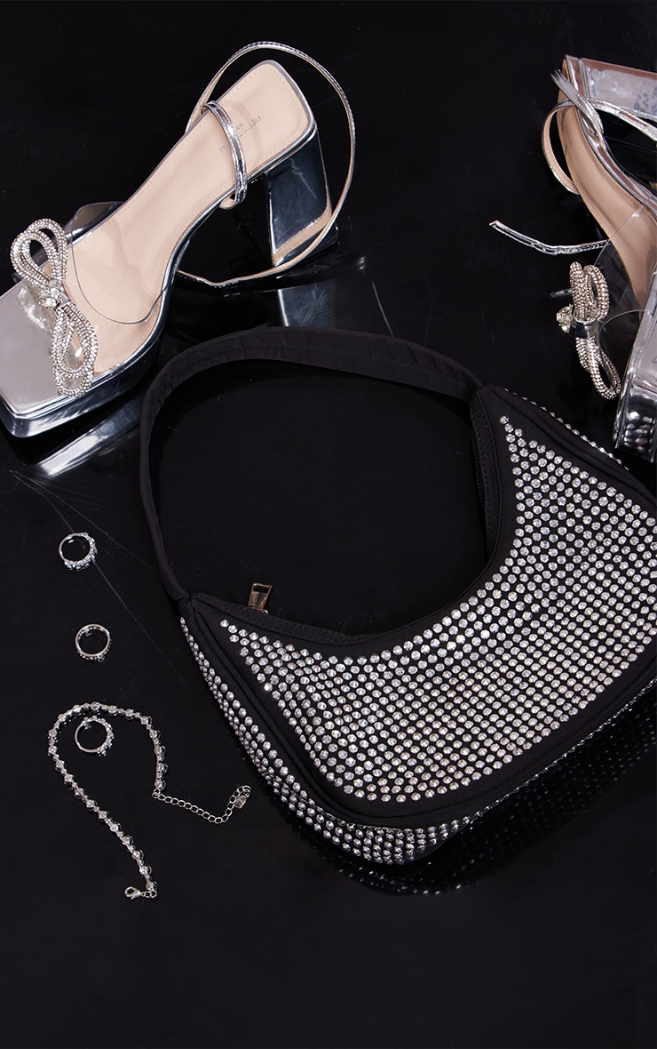 Sac à main noir incurvé à strass | PrettyLittleThing FR