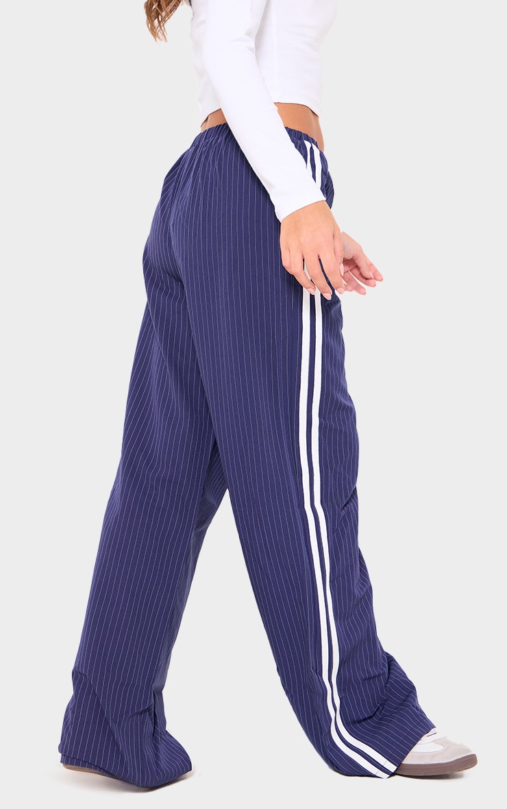 Navy Pinstripe Stripe Drawstring Low Waist Pants | Bottoms | PLT USA