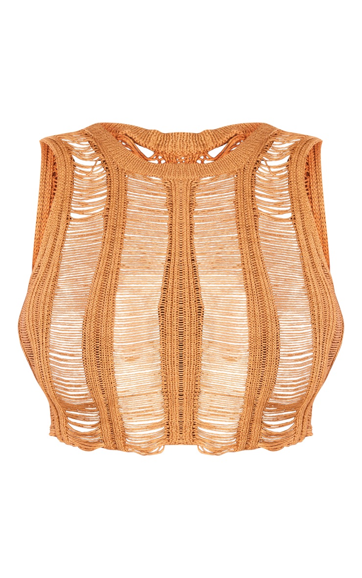 Plus Tan Distressed Knit Crew Neck Top | Plus Size | PLT