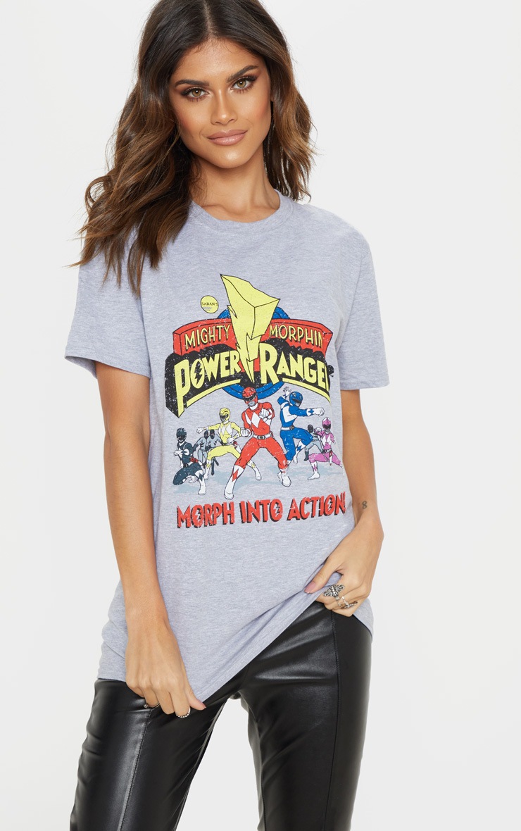 Grey Marl Power Rangers Printed T Shirt | PLT