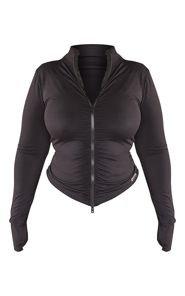 Plus Black Sculpt Ruched Front Zip Up Sport Jacket | Athleisure | PLT USA