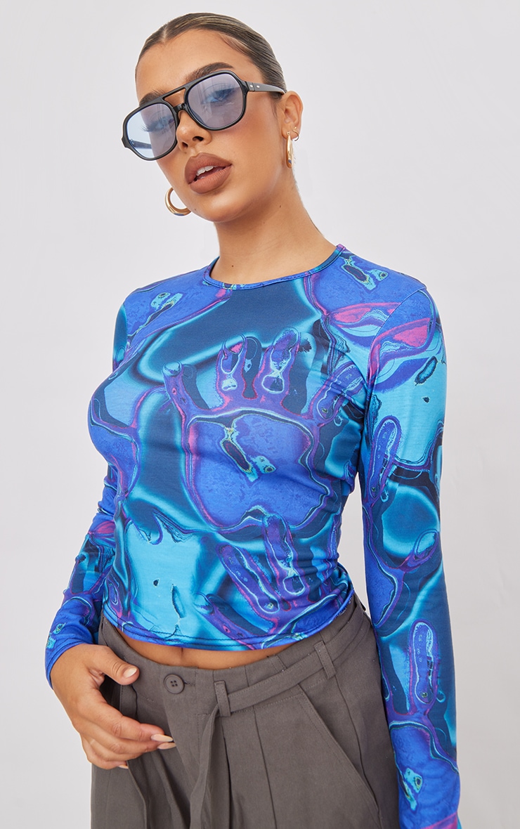Bright Blue Abstract Print Jersey Top | Tops | PrettyLittleThing USA