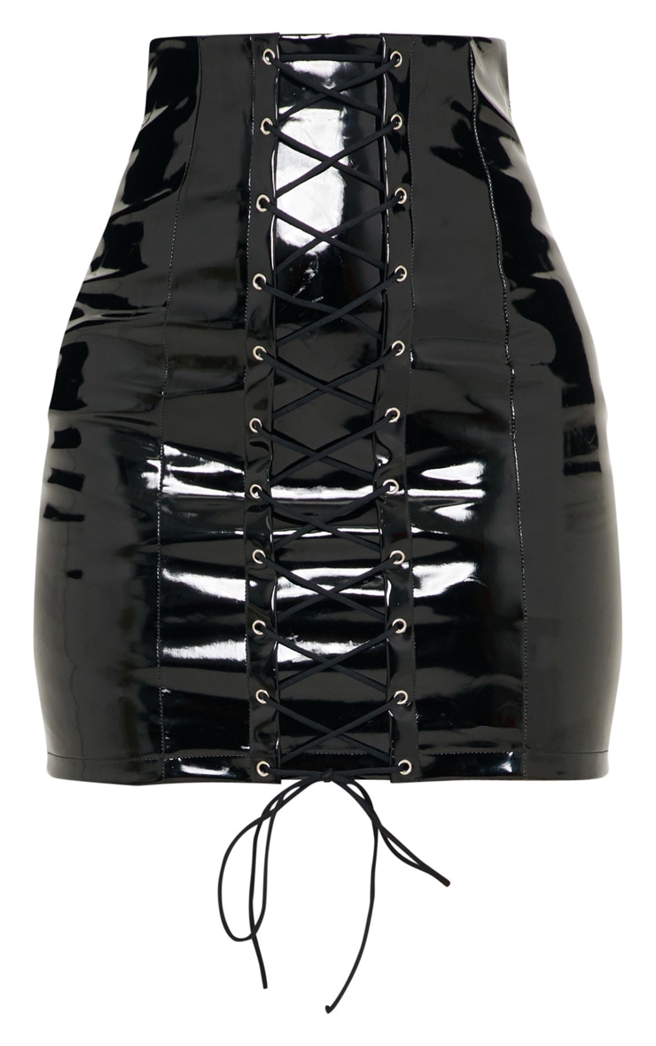 Black Vinyl Lace Up Mini Skirt | Skirts | PrettyLittleThing