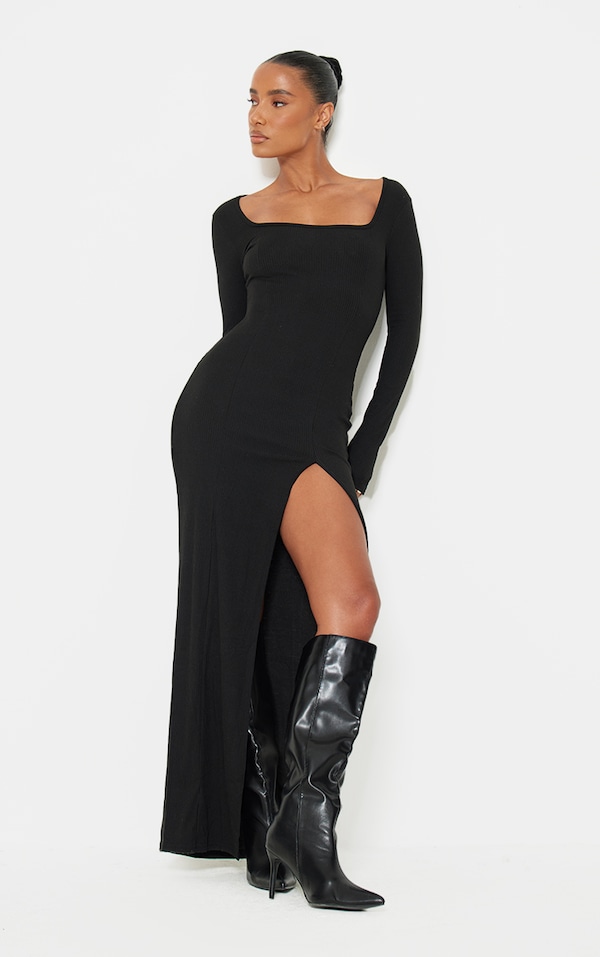 Black Square Neck Split Hem Midaxi Dress | Dresses | PrettyLittleThing USA